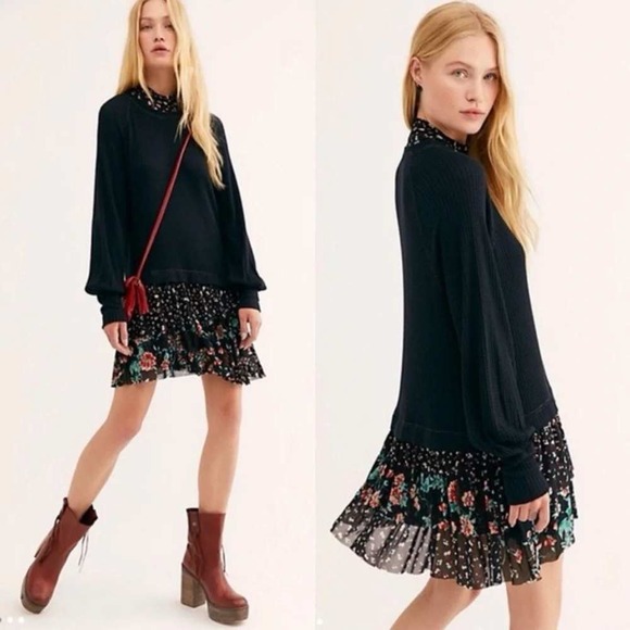 Free People | Dresses | Free People Opposites Attract Black Waffle Knit ...